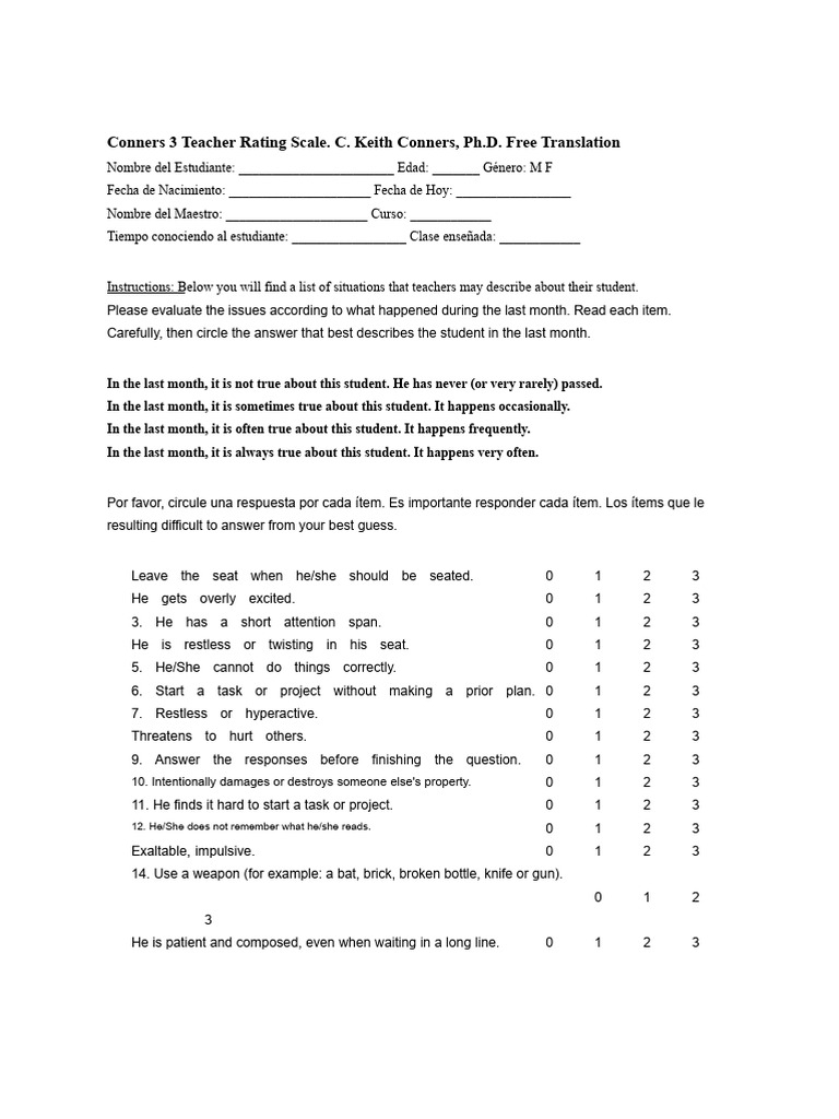 Conners 3 Teacher Rating Scale Overview | PDF | Psychology ...