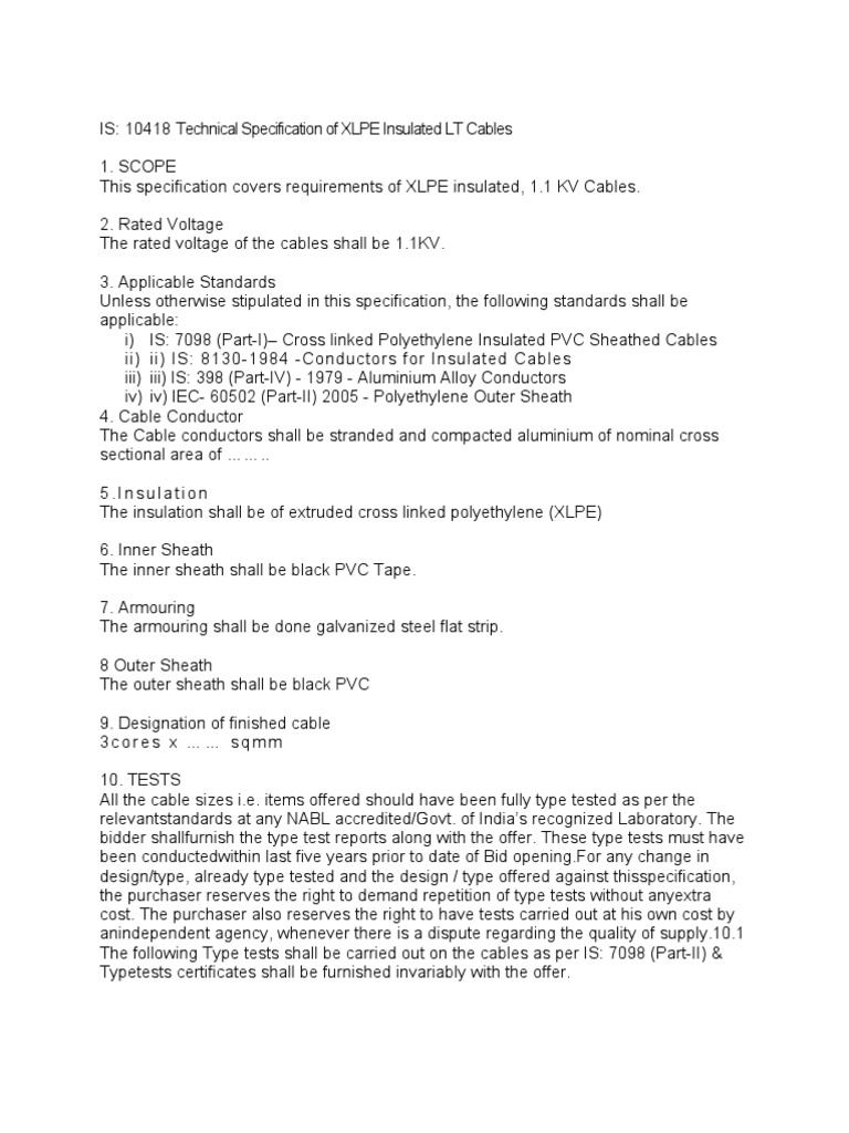 Is 10418 Technical Specification of XLPE Insulated LT Cables | PDF | Cable | Insulator (Electricity)