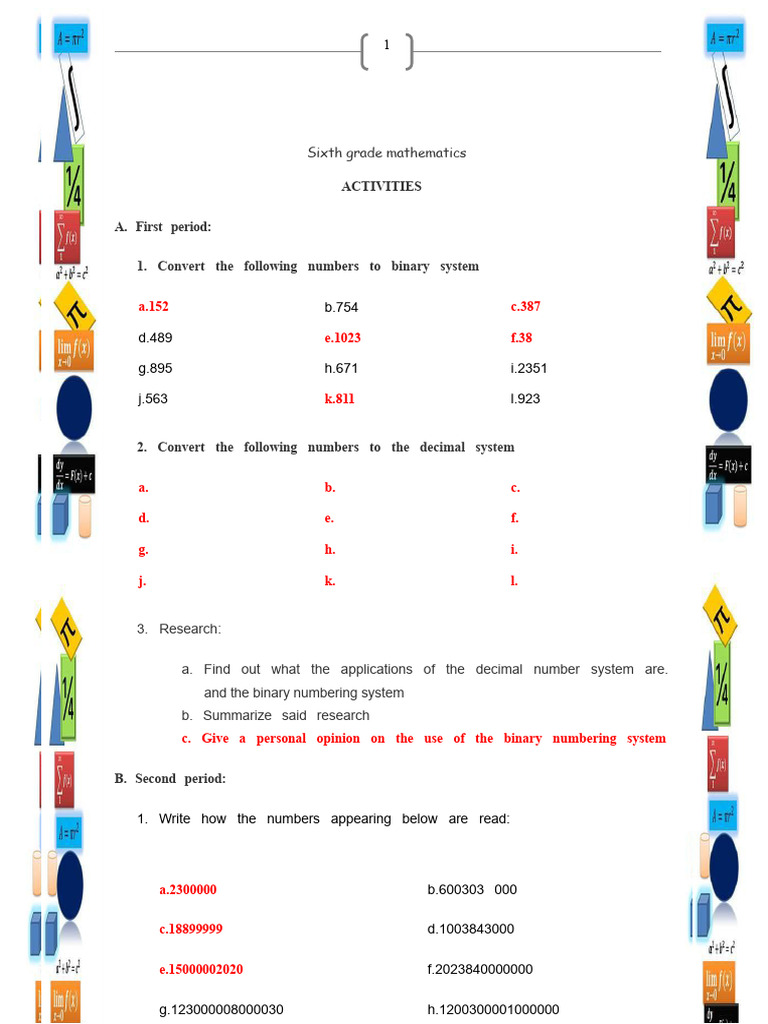 Sixth Grade Math Activities | PDF | Numbers | Length