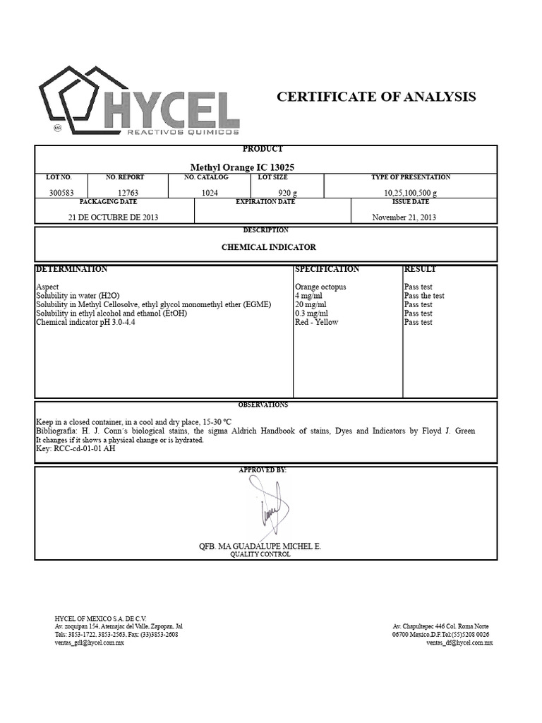 Certificate of Analysis-Methyl Orange-1024-300583-Hycel | PDF | Ethanol ...