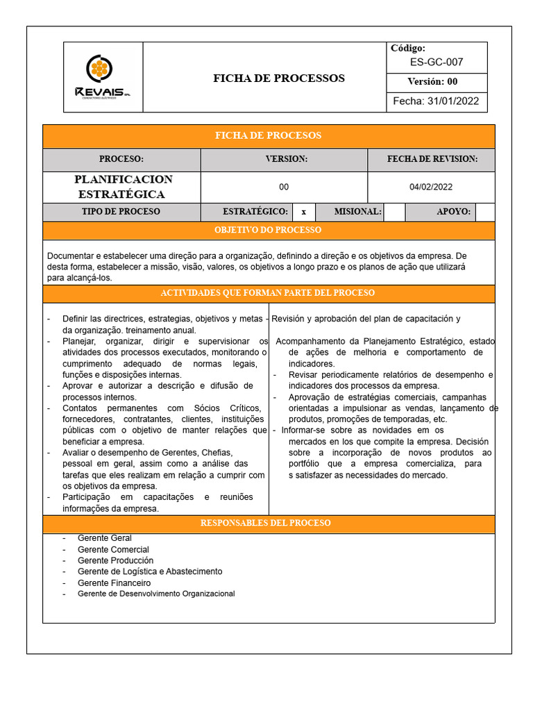 Ficha de Processos Planejamento Estratégico | PDF | Planejamento ...