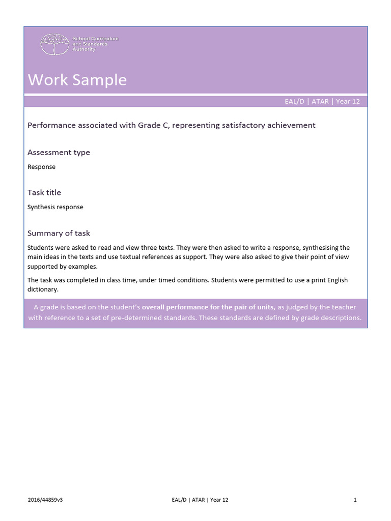 EALD ATAR Year 12 Response Grade C Synthesis Response | PDF