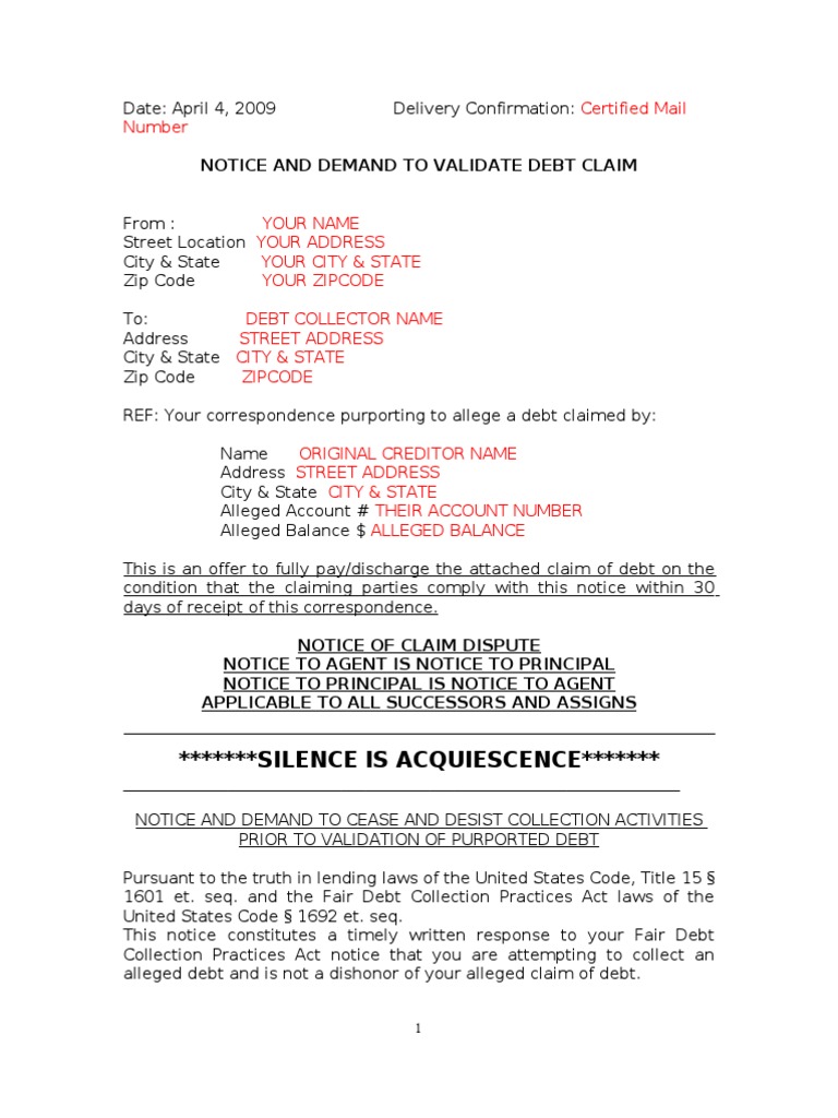 Debt Validation Demand Notice | PDF | Collection Agency | Debt