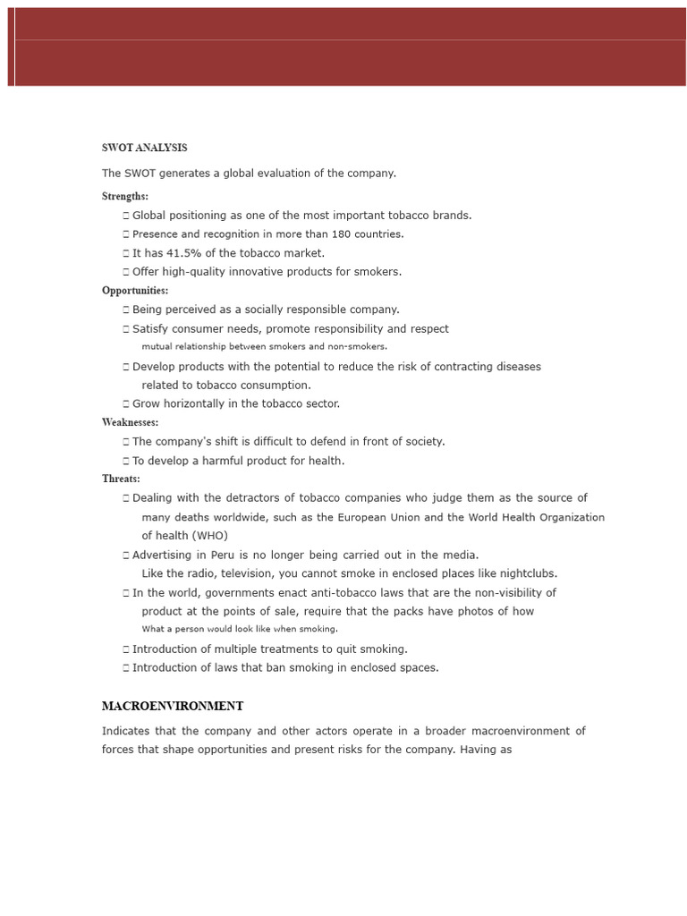 SWOT Analysis | PDF | Smoking | Tobacco