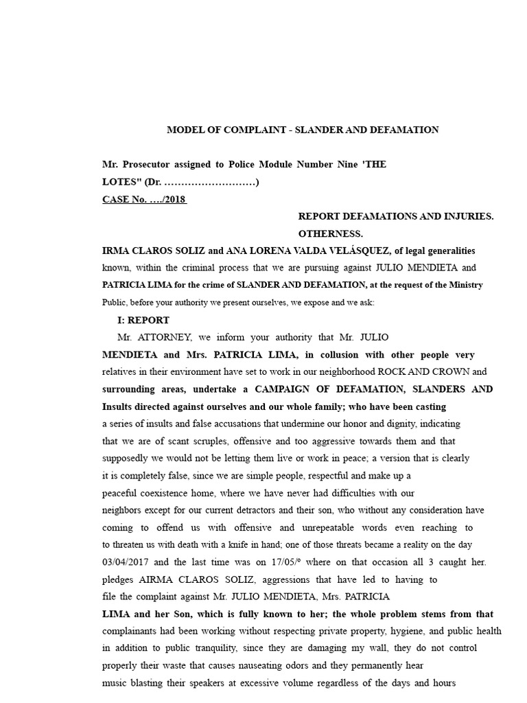 Complaint - Slander and Defamation | PDF | Defamation | Prosecutor