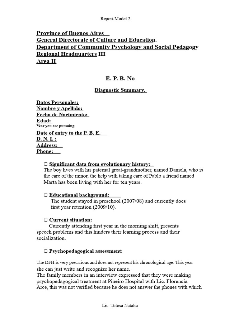 Diagnostic Summary for Child's Education | PDF | Psychological Concepts ...