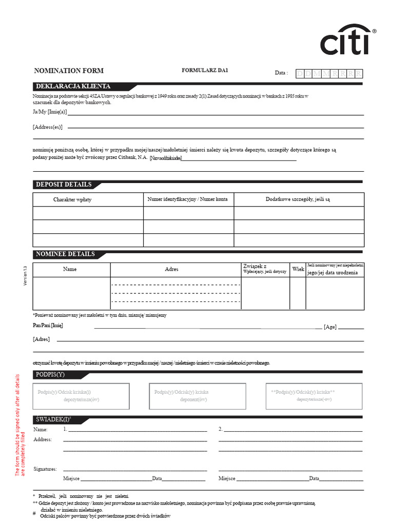 Formularz nominacyjny Citibank | PDF