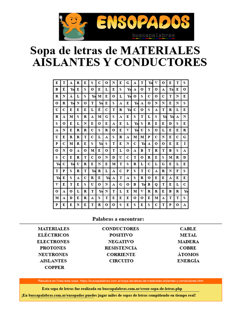 Sopa de letras: materiales eléctricos | PDF | Conductor electrico ...