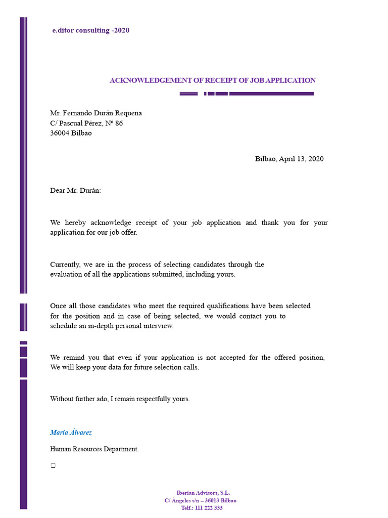 Acknowledgment of Receipt of Job Application | PDF | Industrial ...