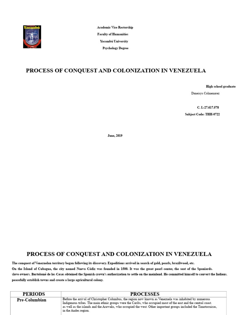 Chart: PROCESS OF CONQUEST AND COLONIZATION IN VENEZUELA | PDF ...
