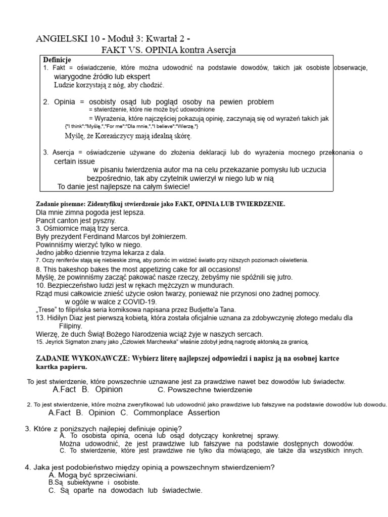 ANGIELSKI 10 - Moduł 3: Kwartał 2 - FAKT VS. OPINIA Kontra Asercja | PDF