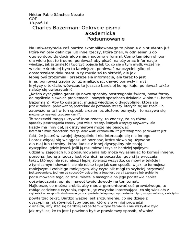Charles Bazerman: Odkrycie Pisma Akademicka Podsumowanie | PDF