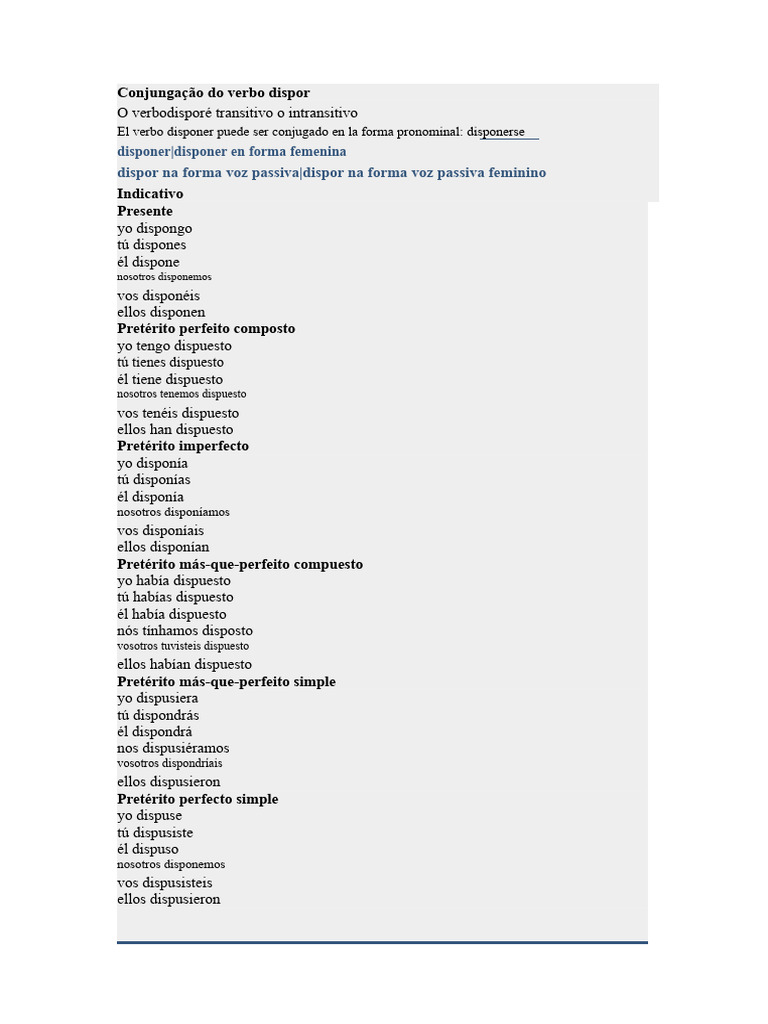 Conjugación Del Verbo Disponer | PDF | Gramática | Conjugación gramatical