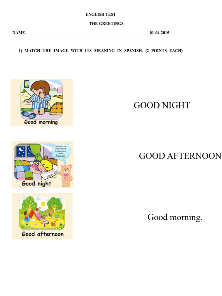 English Greetings Test Worksheet | PDF