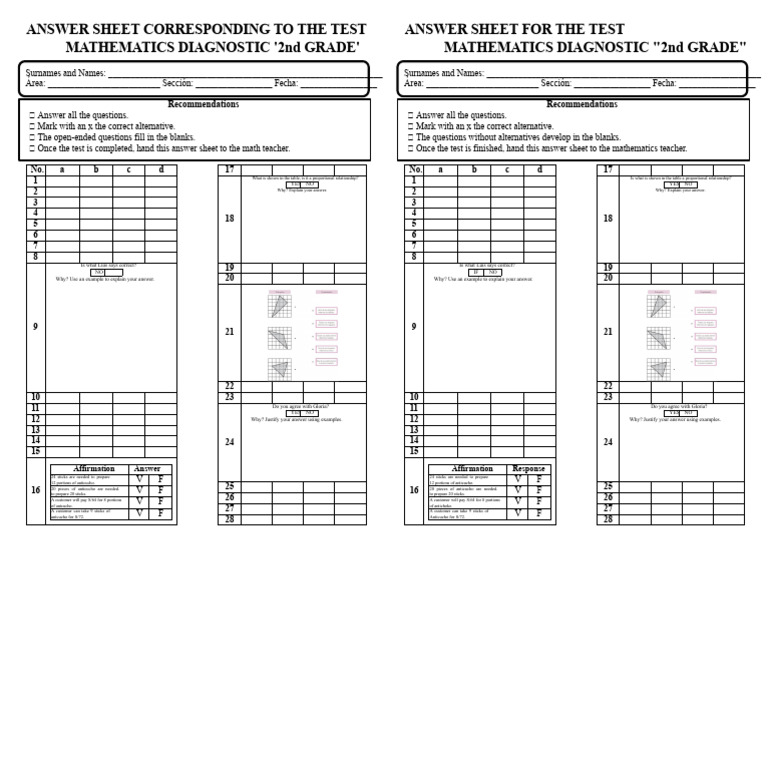 2nd Grade Math Diagnostic Answer Sheet | PDF | Mathematics
