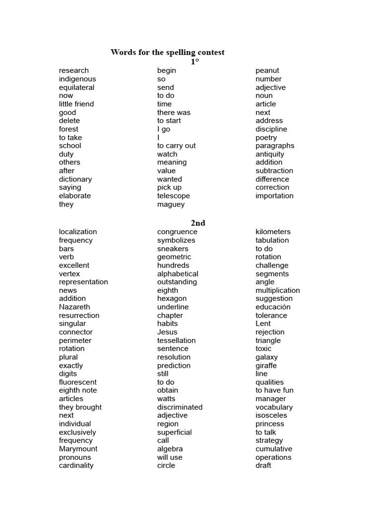 Spelling Contest Word List | PDF | Grammatical Number | Linguistics