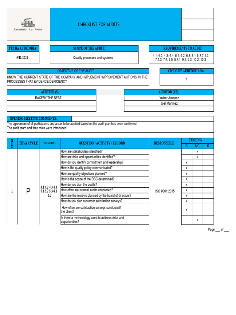 Audit Checklist Bakery La Mejor 2021 | PDF | Audit | Business