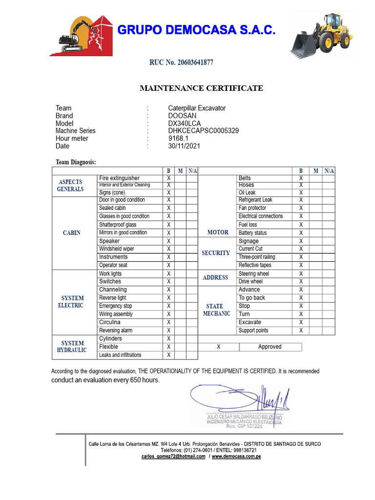 PDF2022 - Doosan 340 Maintenance Certificate | PDF | Car | Motor Vehicle