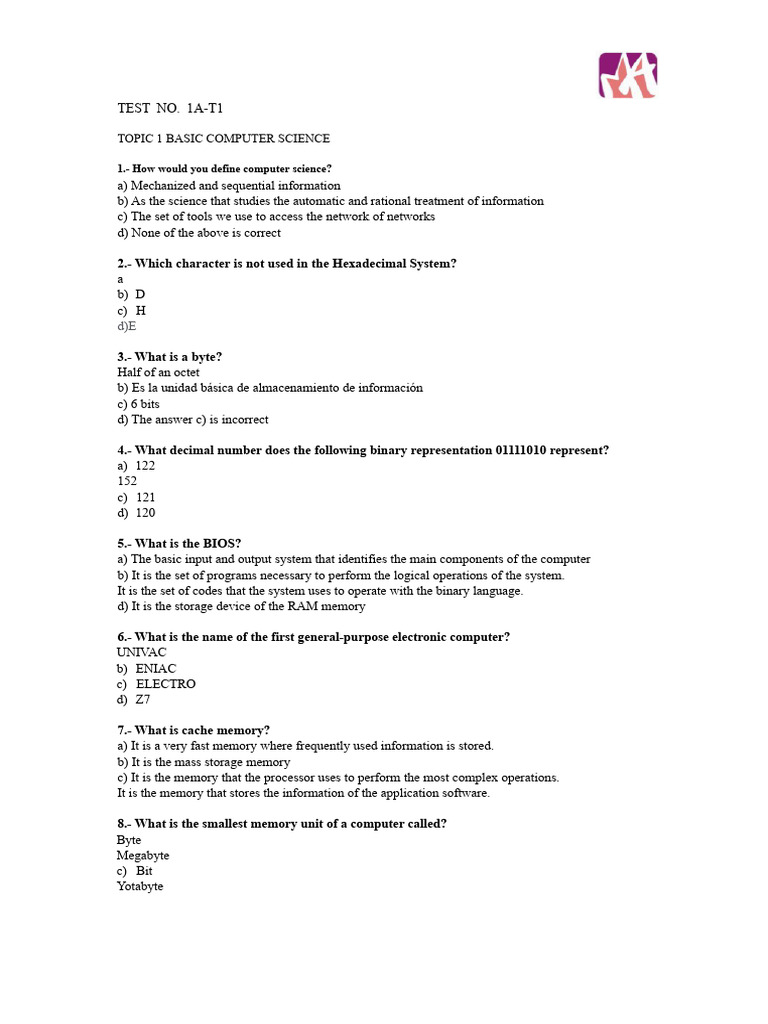 Basic Computer Science Quiz Answers | PDF | Computer Data Storage ...