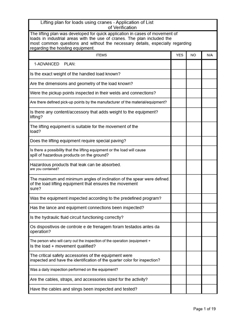 Lifting Plan - Checklist | PDF | Crane (Machine) | Cargo