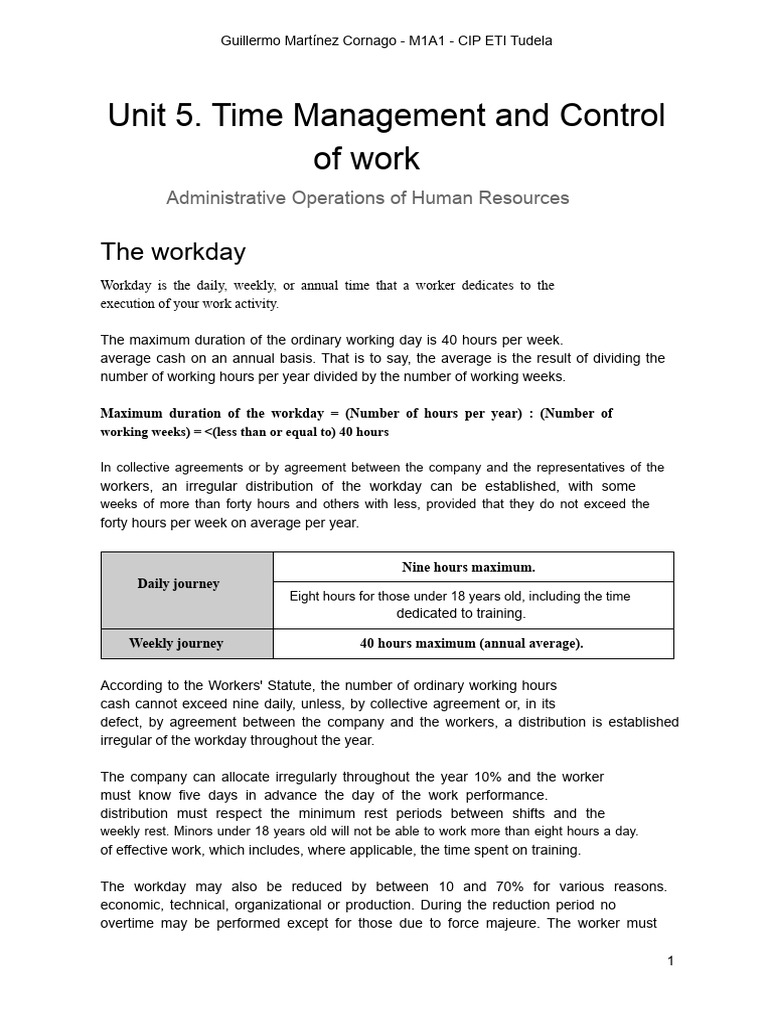 Unit 5. Management and Control of Working Time | PDF | Working Time ...