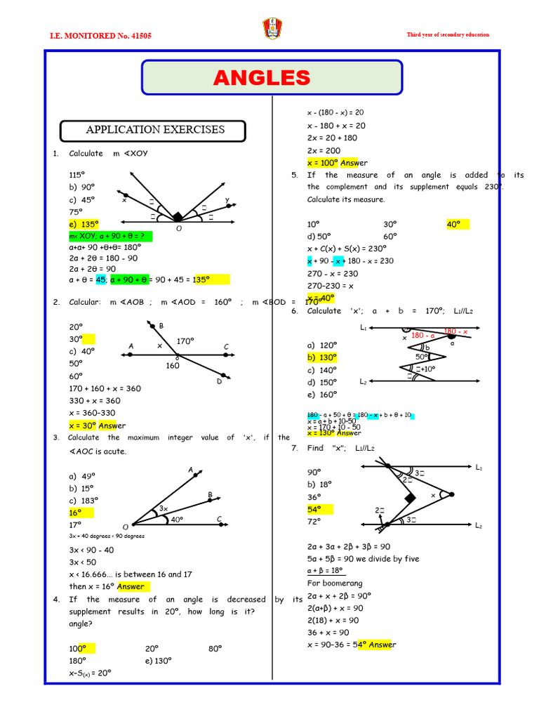 Angles: Application Exercises | PDF | Angle | Trigonometry