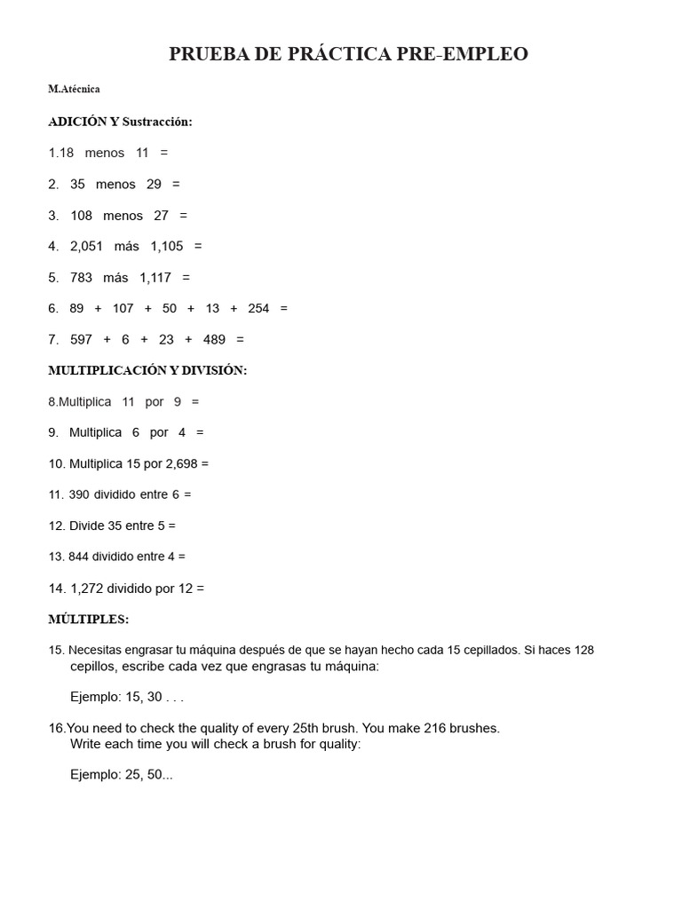 Prueba de Matemáticas Pre-Empleo | PDF | Sustracción | Matemática Elemental