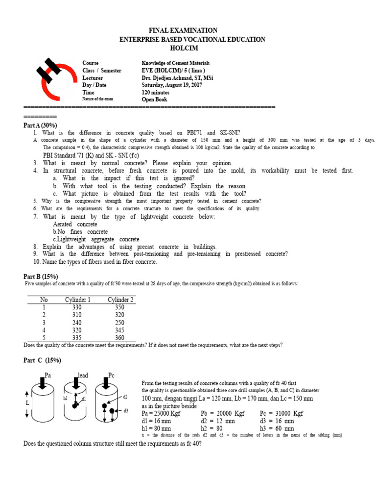 Cement Quality Exam for Vocational Education | PDF | Concrete ...