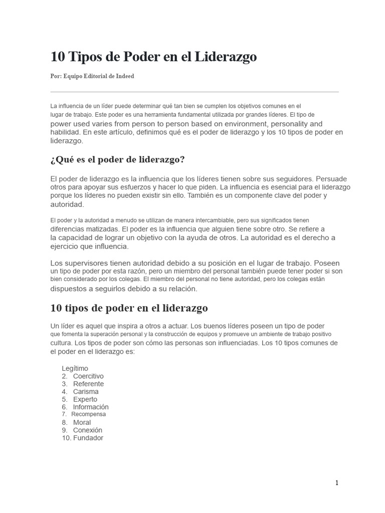 10 Tipos de Poder en el Liderazgo | PDF | Poder (social y político ...