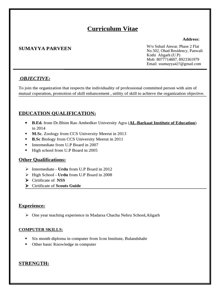 Sumayya Parveen's Curriculum Vitae | PDF