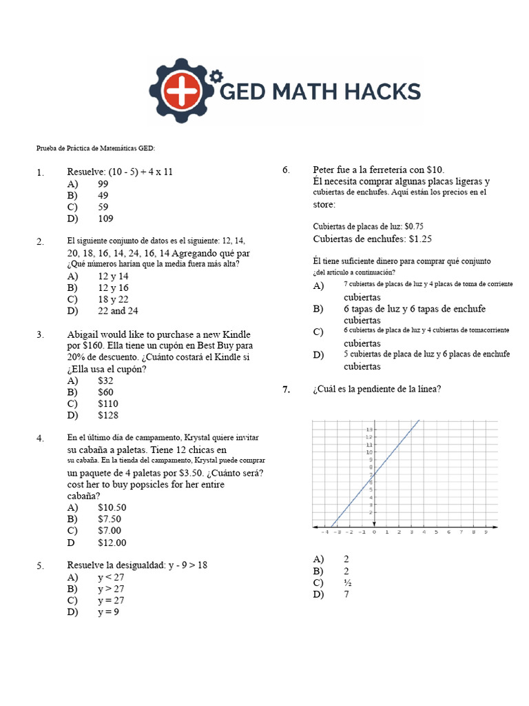 Prueba de Práctica de Matemáticas GED 1 | PDF | Matemáticas