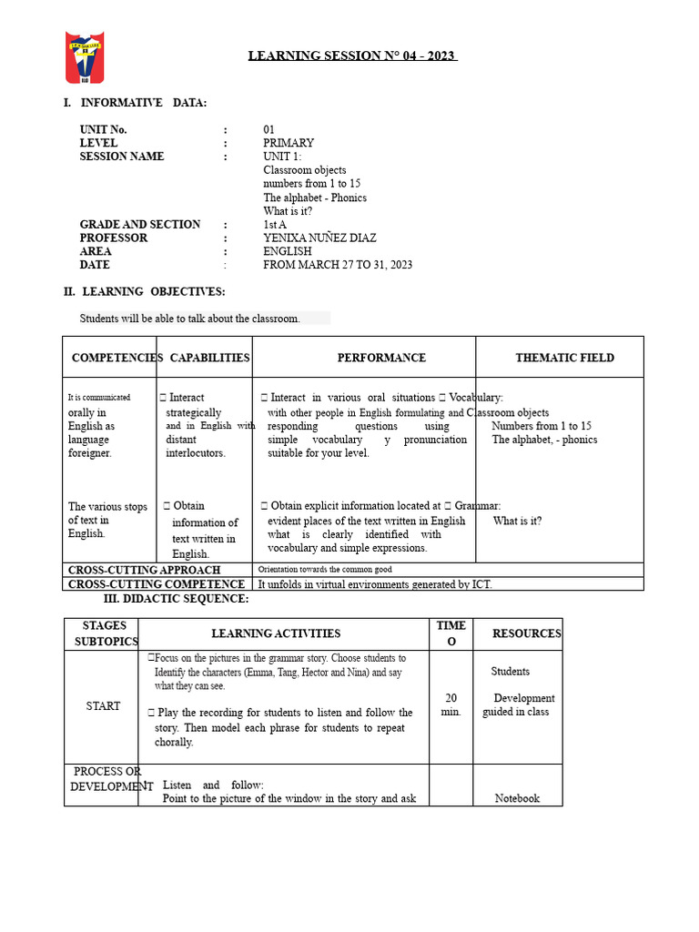Learning Session 04 1st Grade English 2023 | PDF | English Language ...