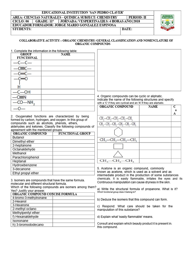 Collaborative Activity - Organic Chemistry Classification and General ...