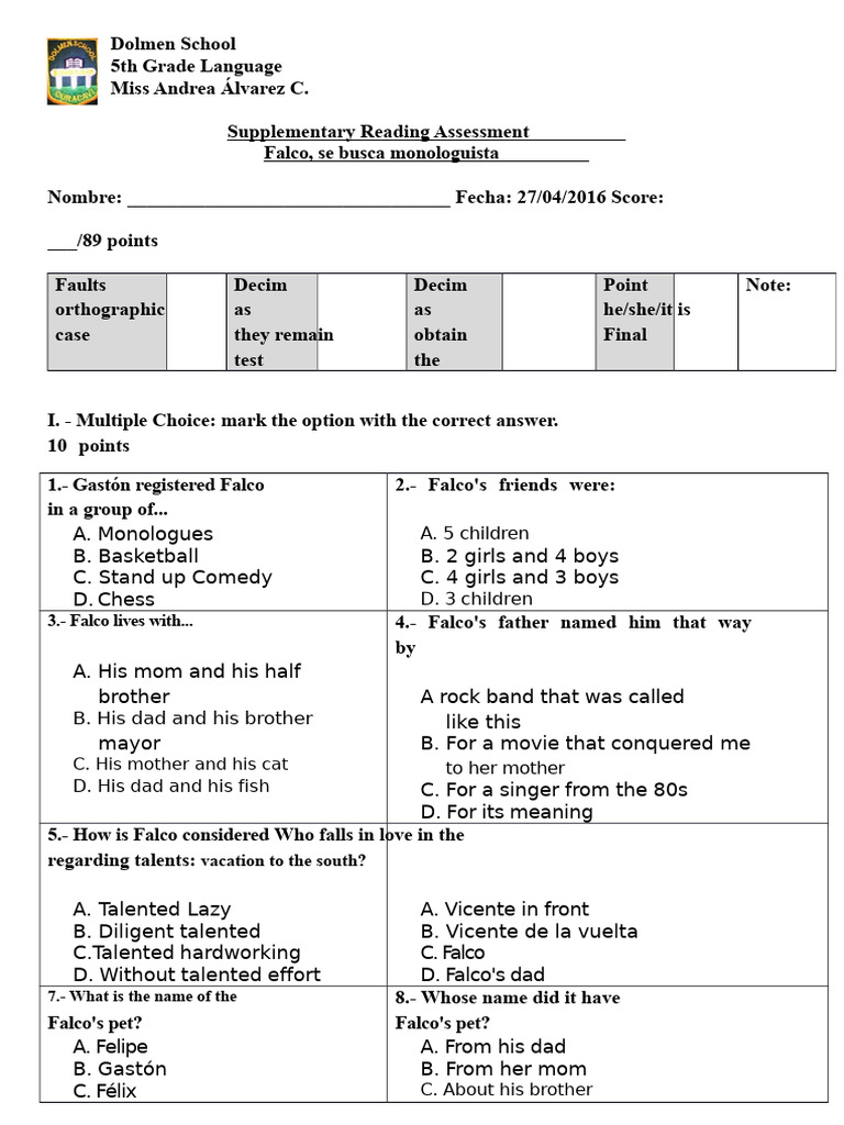 Reading Assessment 5th Grade. Falco, A Monologist Is Sought | PDF ...