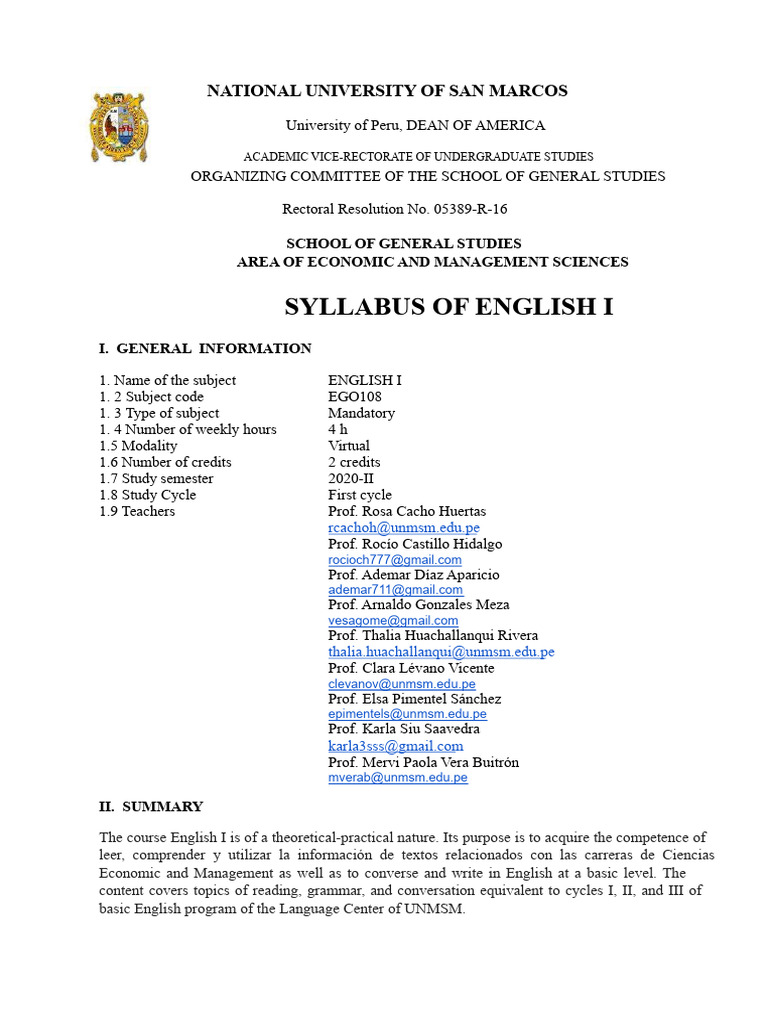 Syllabus ENGLISH I | PDF | Thought | Educational Technology