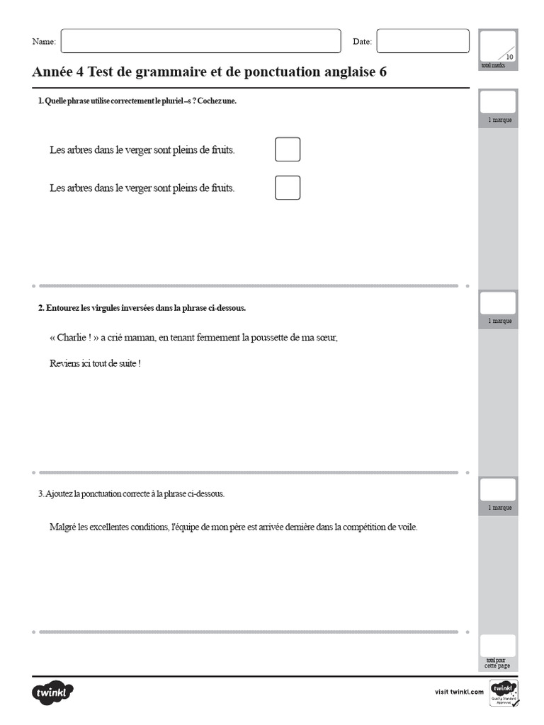 Test de grammaire anglaise Année 4 | PDF | Phrase | Typologie linguistique