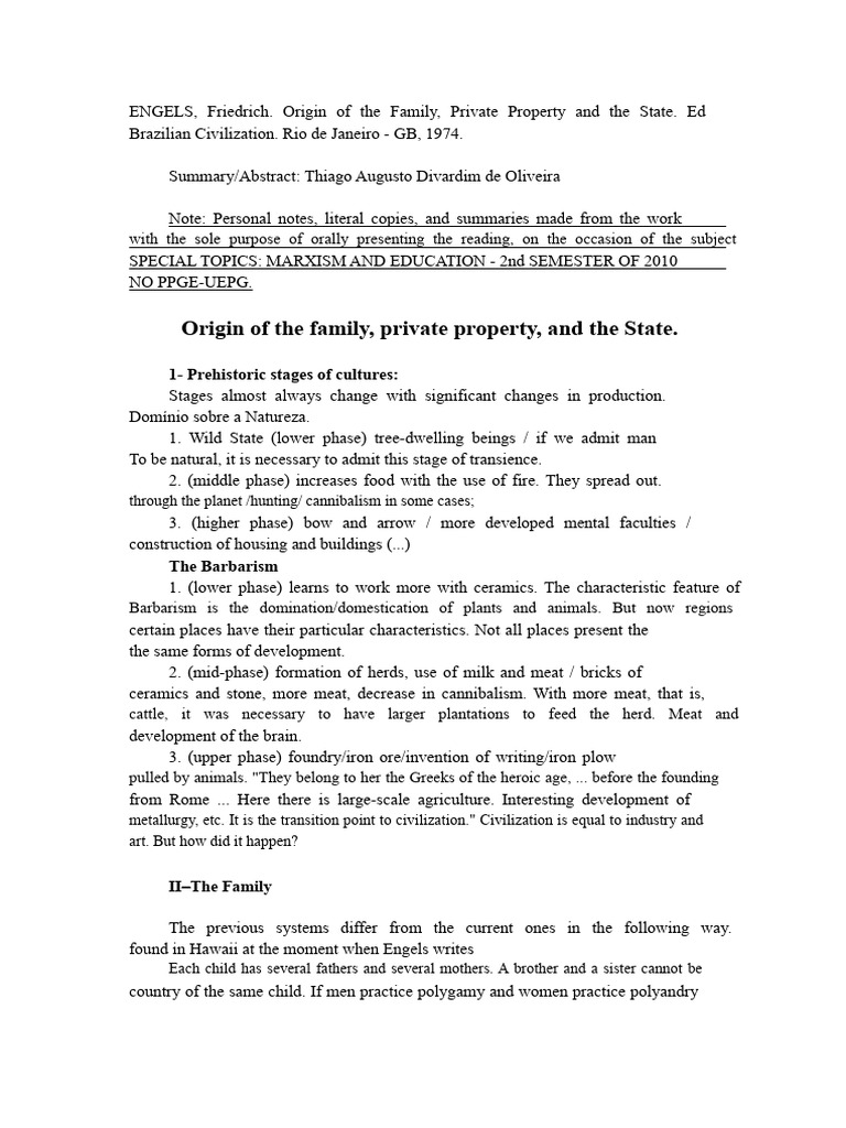 SUMMARY - Notes On The Origin of The Family, Private Property, and The ...