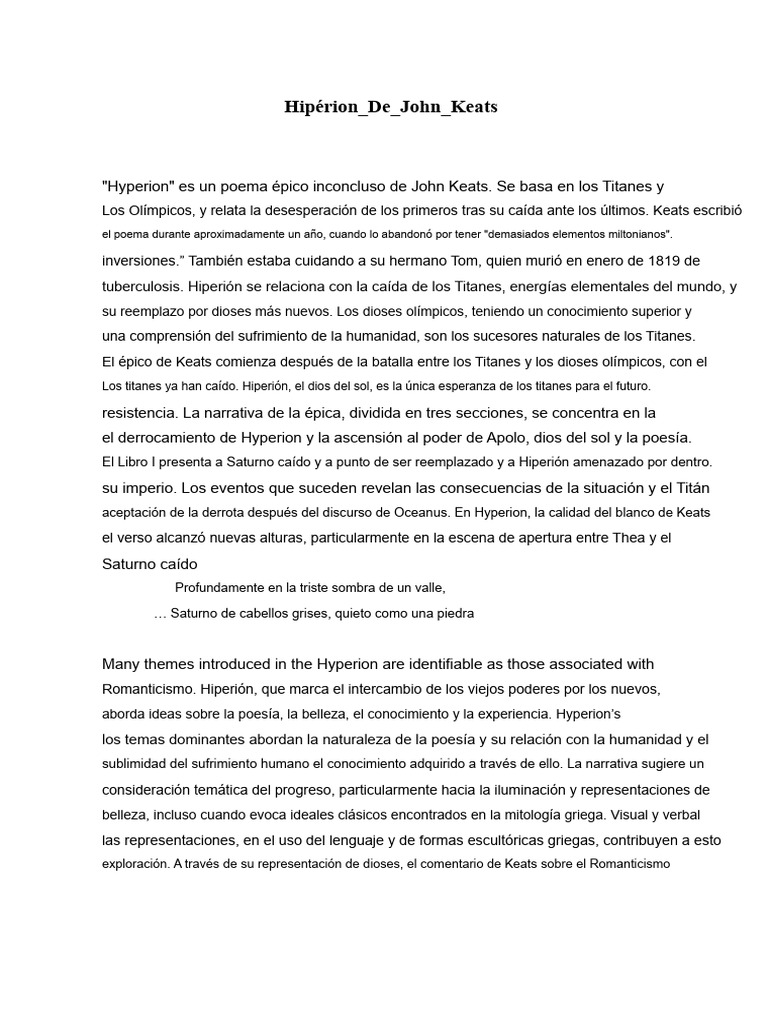 #Hipérion de John Keats | PDF | John Keats | Mitología griega