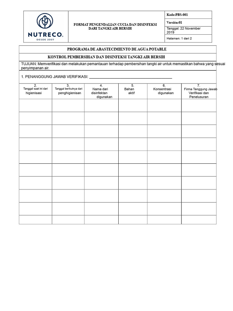 Format Kontrol Pembersihan Dan Disinfeksi Tangki Air Minum | PDF
