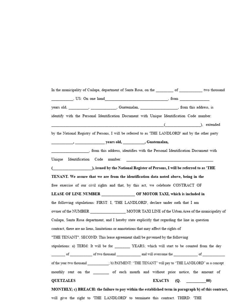 Cuilapa Motor Taxi Lease Agreement | PDF | Lease | Property Law