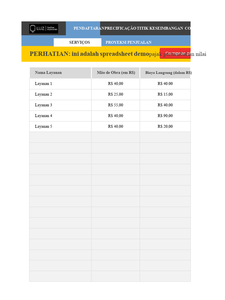 Spreadsheet For Price Formation For Services 4.0 - DeMO | PDF
