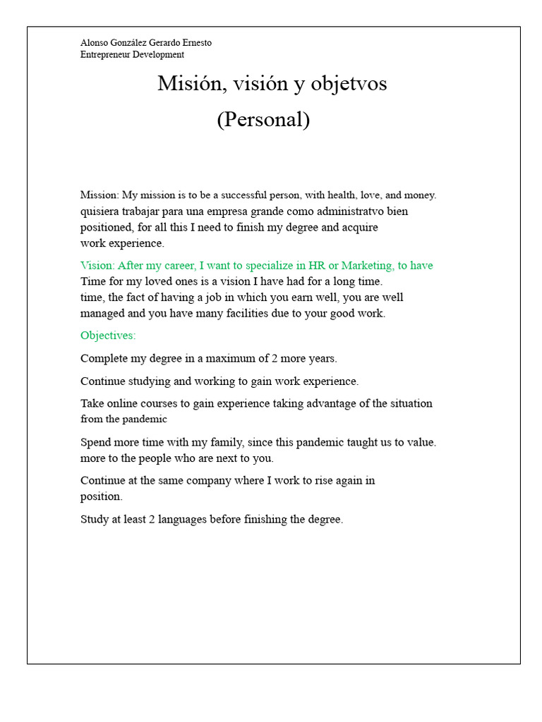 Mission, Vision, and PERSONAL Objectives | PDF
