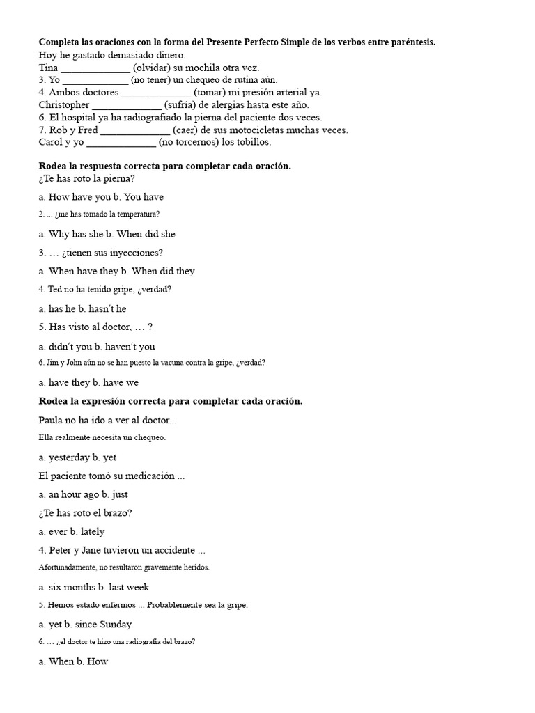 Ejercicios de Presente Perfecto Simple | PDF