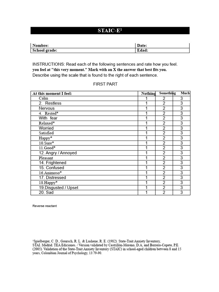STAIC-E.R-Childhood Anxiety | PDF | Abnormal Psychology | Emotions