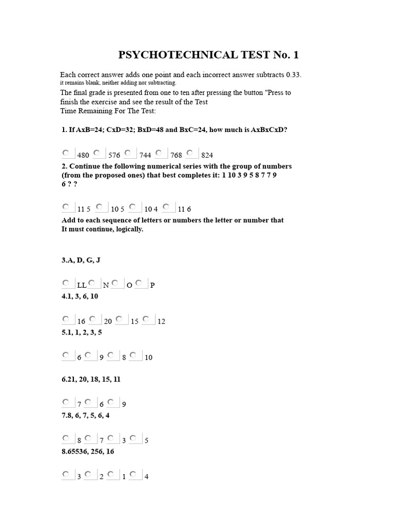 PSYCHOTECHNICAL TEST NO. 1 Attention Exercises | PDF