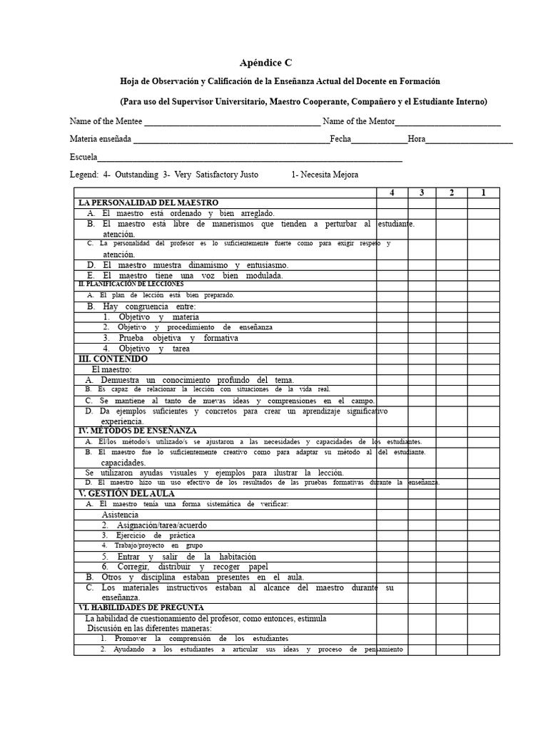 Apéndice C Hoja de Observación y Evaluación de la Enseñanza Actual de ...