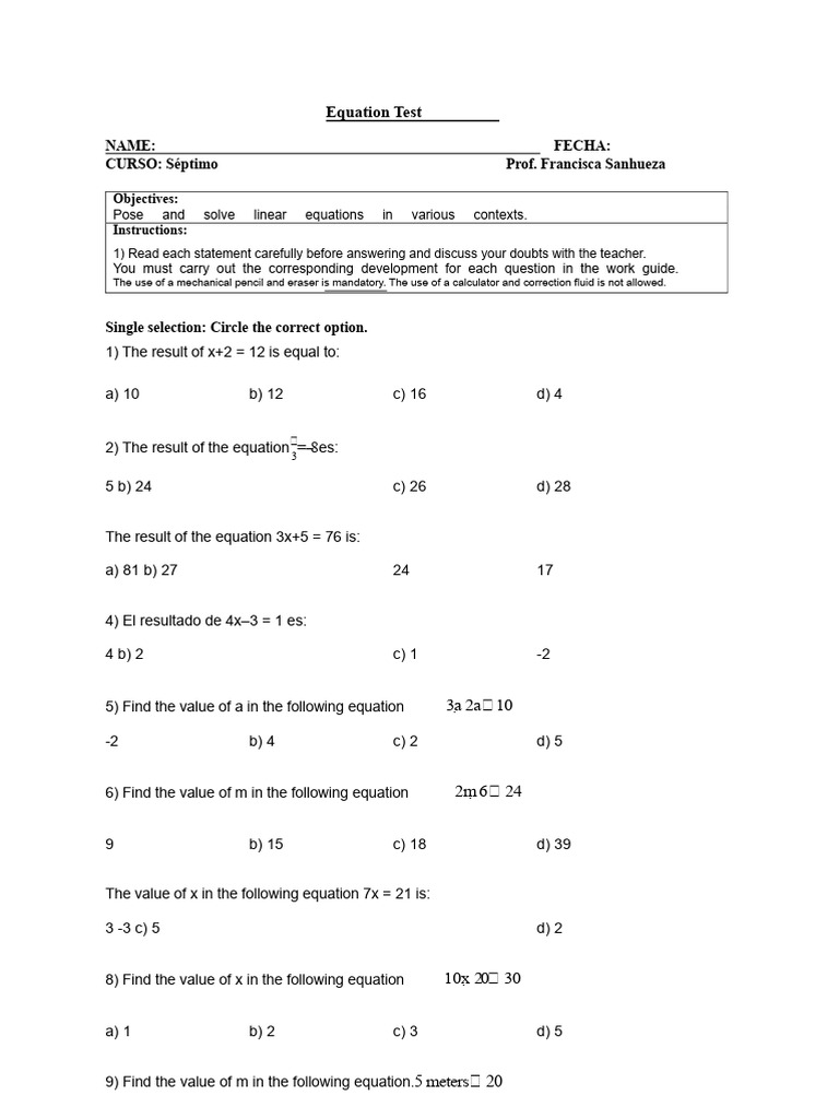 Linear Equations Test for Seventh Grade | PDF | Equations ...