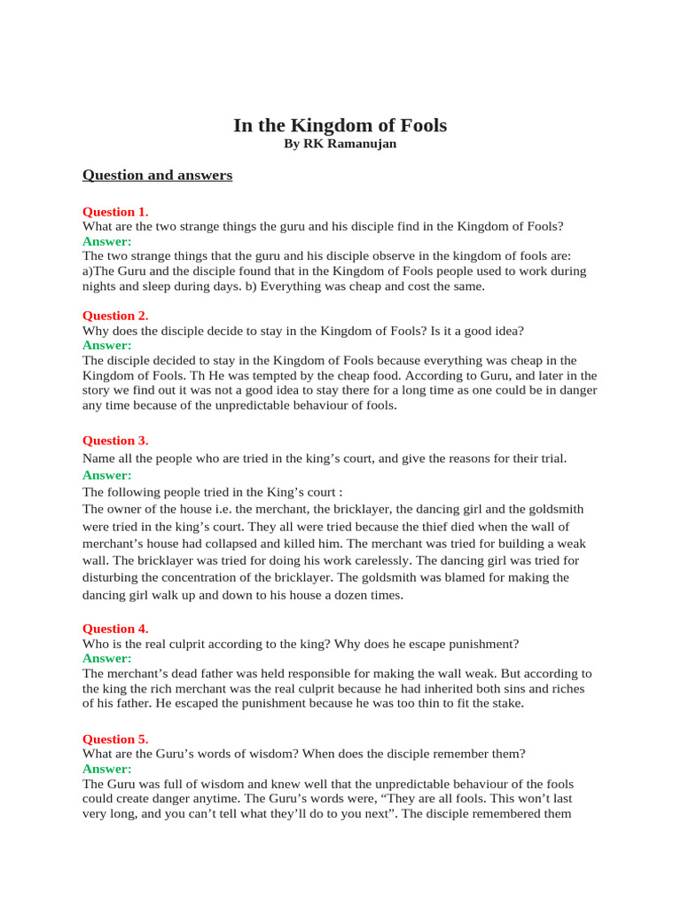 In The Kingdom of Fools - Questions and Answers | PDF