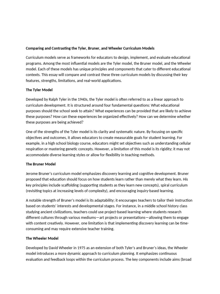 Compare Tyler, Bruner, Wheeler Models | PDF | Curriculum | Learning