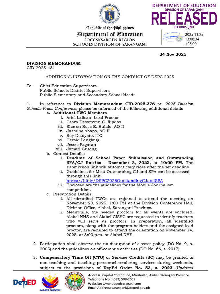 DM Cid 2025 431 Additional Information On The Conduct of DSPC 2025 11242025 | PDF